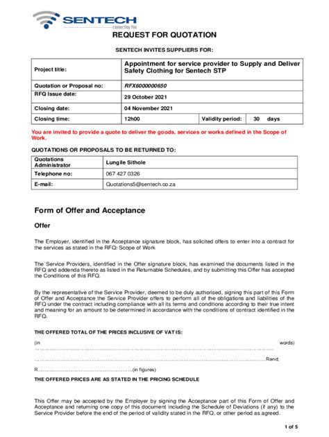 Fillable Online Request For Quotation Form Of Offer And Acceptance Fax