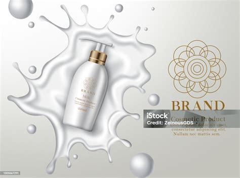 화장품 우유 로션 제품 벡터 배너 템플릿 매끄러운 스킨 케어 모형 홍보 광고 디자인을 위한 리퀴드 스플래시가 있는 화장품 바디 로션 제품 3차원 형태에 대한 스톡 벡터 아트