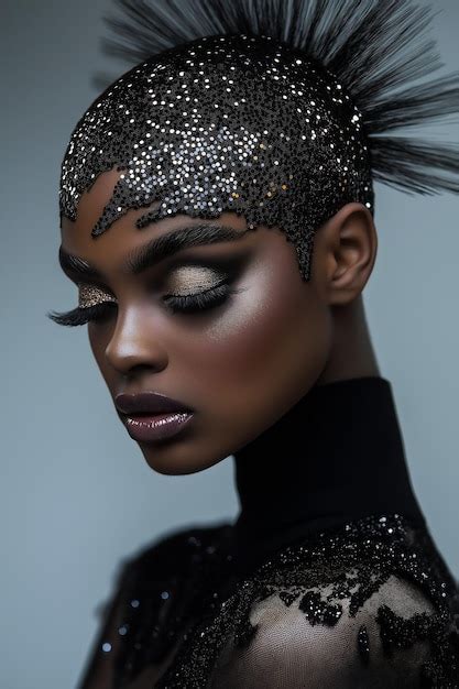 Closeup Woman Black Hair Top Avant Garde Fashion Model Sequins Models