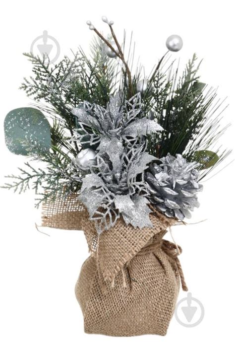 ᐉ Композиція новорічна хвойна із квітами і ягодами у мішковині срібна 30 см A3 58296 • Краща
