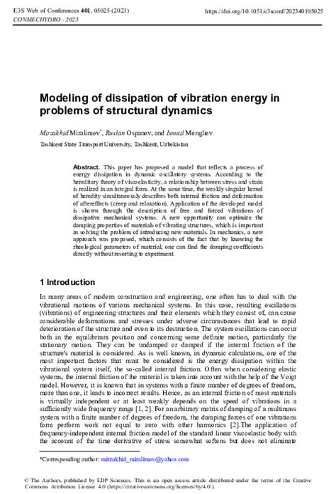 Pdf Modeling Of Dissipation Of Vibration Energy In Problems Of