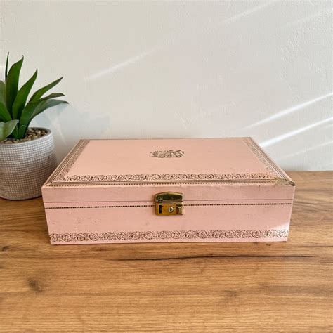 Vintage Pink Jewelry Box Pink Leatherette With Gold Details 1950s