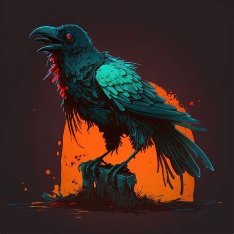 Рисунок вороны с красными глазами и черным клювом Премиум Фото