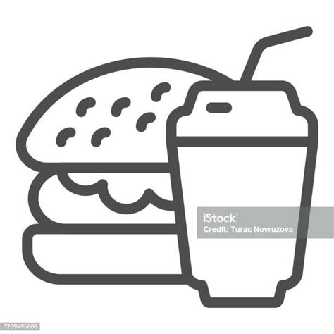 漢堡和蘇打水線圖示速食向量插圖隔離在白色上漢堡和飲料大綱風格設計專為網路和應用而設計向量圖形及更多食品圖片 食品 10號 三文治