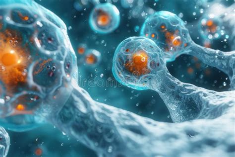 Microscopic View Of Oxygen Cell Structure On Blue Background In Cosmetic Laboratory With