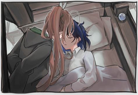 Safebooru 2girls Ahoge Bed Bed Sheet Bedroom Black Hair Blanket Blue