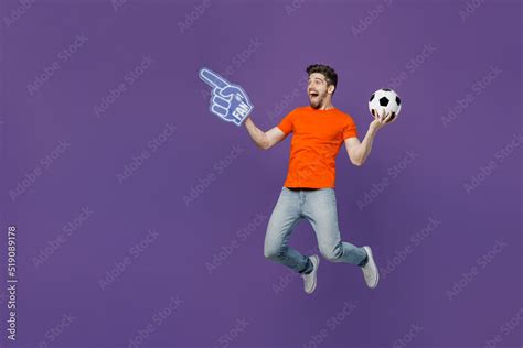 Full Body Young Fun Fan Man He Wear Orange T Shirt Cheer Up Support