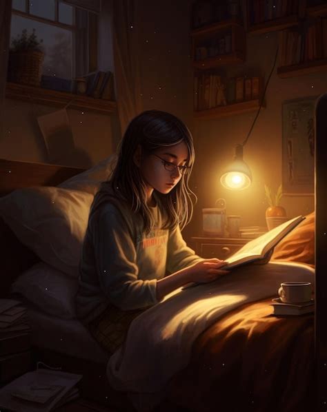 Premium Photo A Girl Reading A Book In Bed With A Lamp On The Wall