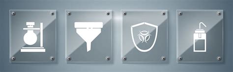 실험실 세척 병 실드에 생물학적 위험 기호 깔때기 또는 필터 및 시험관 플라스크를 스탠드에 놓습니다 정사각형 유리 패널 벡터