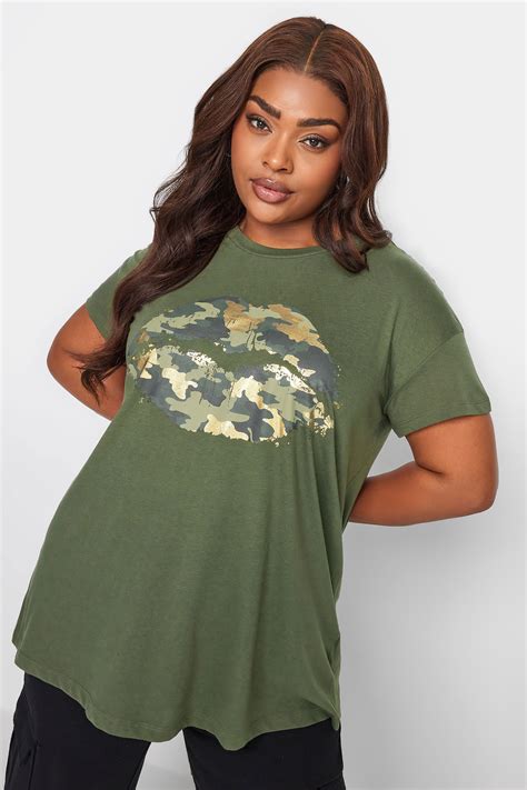 Yours Curve Green Camo Lips Print T Shirt Yours Clothing
