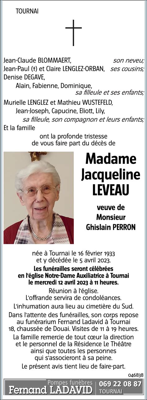 Avis De Décès De Jacqueline Leveau Décédé Le 05042023 à Tournai