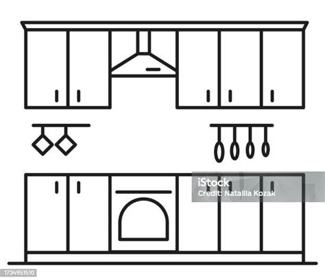 부엌 다양한 주방과 가전제품이 있는 현대적인 주방의 그림 벡터 선 템플릿입니다 가구에 대한 스톡 벡터 아트 및 기타 이미지 가구 가정 생활 가정 주방 Istock