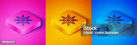 아이소메트릭 라인 바람 장미 아이콘은 분홍색과 주황색 파란색 배경에 분리되어 있습니다 여행을 위한 나침반 아이콘입니다 네비게이션 디자인 정사각형 버튼 벡터 3차원 형태에