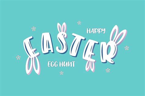 부활절 문자 타이포그래피 손으로 그린 텍스트와 휴일 벡터 그림입니다 토끼 귀와 꽃 축하 따옴표 로고 타입 포스터 배지 아이콘
