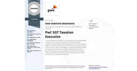 Completion Certificate For Pwc Gst Taxation Executive Ram Narayan