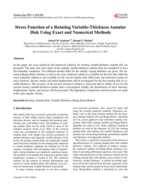 Pdf Stress Function Of A Rotating Variable Thickness Annular Disk Using Exact And Numerical