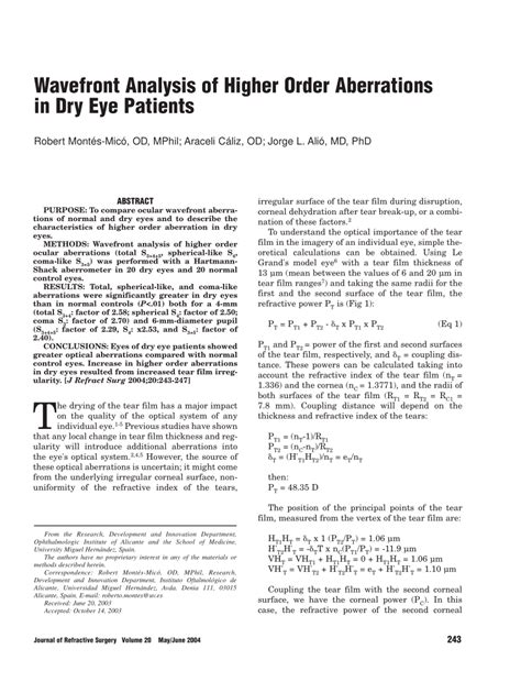 Pdf Wavefront Analysis Of Higher Order Aberrations In Dry Eye Patients