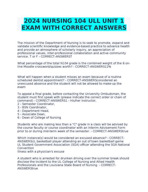 2024 Nursing 104 Ull Unit 1 Exam With Correct Answers Exams Advanced