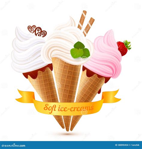 Three Soft Ice Cream Cones With Yellow Ribbon Stock Vector