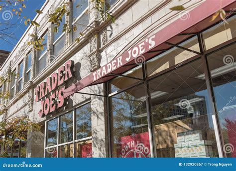 Close Up Logo Of Trader Joe`s Discount Retailer In Downtown Chic