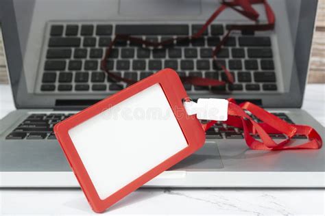Red Name Tag Placed On A Laptop Or Notebook Registration Concept Stock Image Image Of
