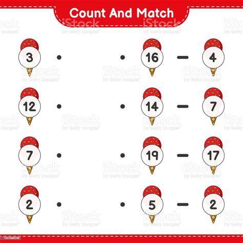 계산 및 일치 아이스크림의 수를 계산하고 올바른 숫자와 일치합니다 교육 어린이 게임 인쇄 워크 시트 벡터 일러스트레이션 0명에 대한 스톡 벡터 아트 및 기타 이미지 Istock