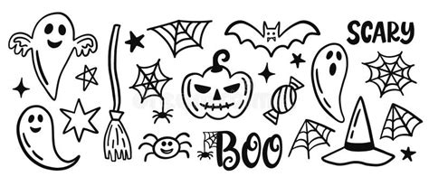 Halloween Doodle Elements Set Funny Hand Drawn Cartoon Sketches Stock