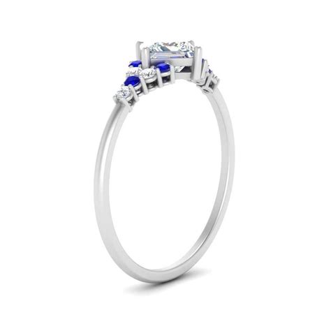 Princess Cut Compass Set Cluster Sapphire Engagement Ring In 14k White