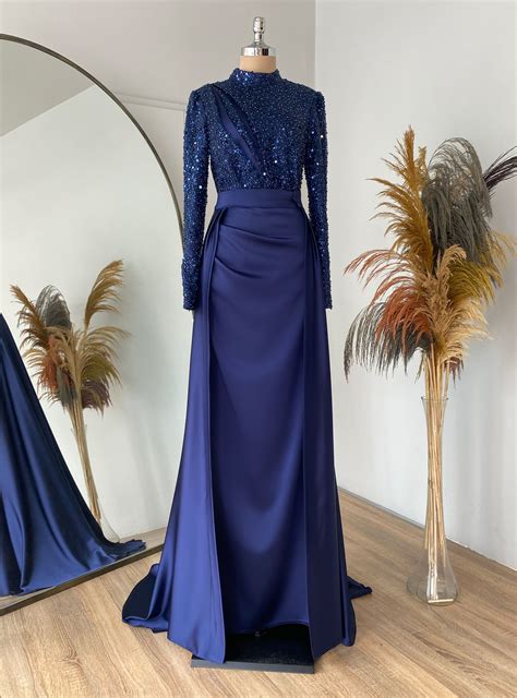 Navy Blue Fully Lined Modest Evening Dress