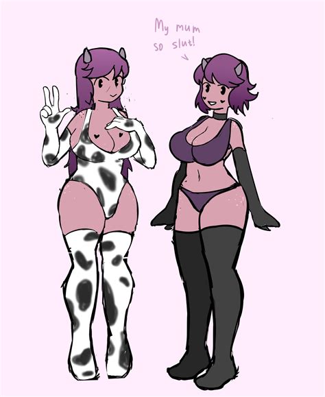 Rule 34 Big Breasts Cow Girl Cow Horns Cow Print Mother And Daughter Purple Skin Sketch Turch