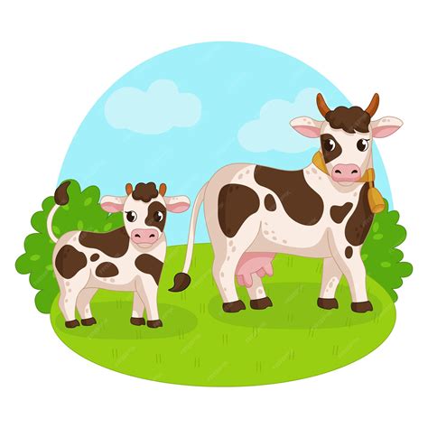 Premium Vector Cow And Calf On The Background Of Nature