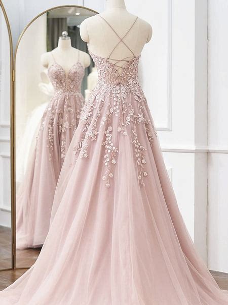 V Neck Pink Long Tulle Lace Prom Dresses Pink V Neck Long Tulle Lace