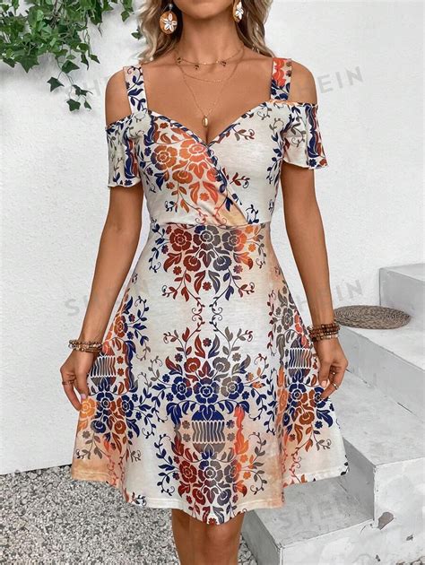 Shein Vcay Womens Open Shoulder Floral Printed Short Sleeve Vacation