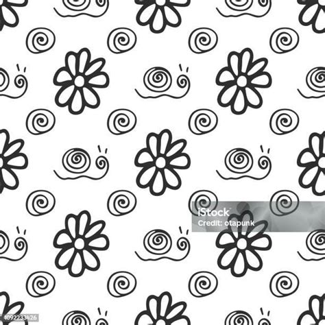 야생화와 달팽이 농촌 원활한 패턴 벡터 단순화 된 복고풍 그림입니다 포장 또는 스크랩북 종이 배경 유치 한 만화 스타일 낙서 예술입니다 요소 디자인 벽지 직물 인쇄 계절에