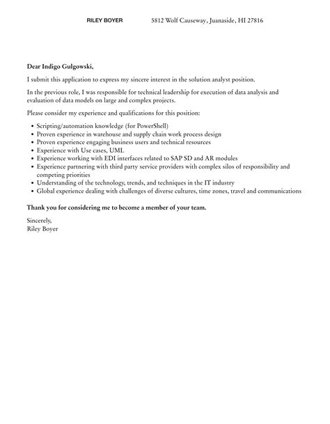 Solution Analyst Cover Letter Velvet Jobs