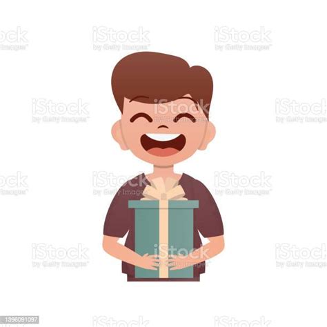 작은 십대 소년이 허리 깊숙이 묘사되어 손에 선물을 들고 있습니다 생일 새해 또는 공휴일 테마 흰색 배경에 고립 된 만화 스타일