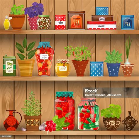 도자기 화분에 심은 신선한 농산물과 허브가 있는 선반 나무 벽을 배경으로 집에서 보존 된 음식 상자에 대한 스톡 벡터 아트 및