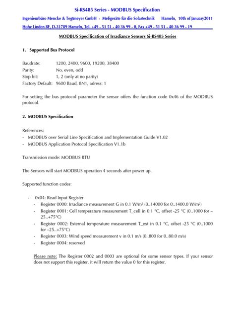 Specification Si Rs485 Modbus 20110110 Pdf Byte Electronics