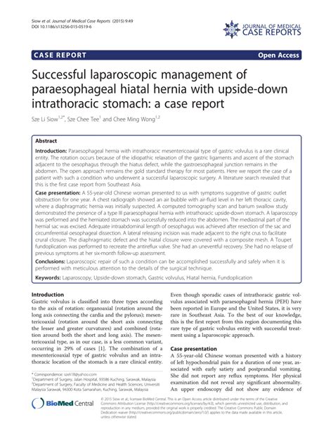 Pdf Successful Laparoscopic Management Of Paraesophageal Hiatal Hernia With Upside Down