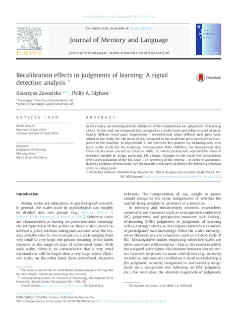 Pdf Recalibration Effects In Judgments Of Learning A Signal