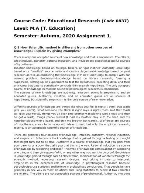 Assignment No 1 Code 0837 Pdf Experiment Inductive Reasoning