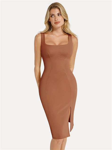 Faux Nubuck Bodycon Midi Dress Sculpting Shapewear Popilush