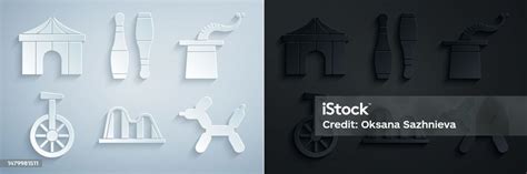 롤러 코스터 마술사 모자 외발 자전거 또는 한 바퀴 자전거 풍선 개 볼링 핀 및 서커스 텐트 아이콘을 설정합니다 벡터 1에 대한 스톡 벡터 아트 및 기타 이미지 Istock