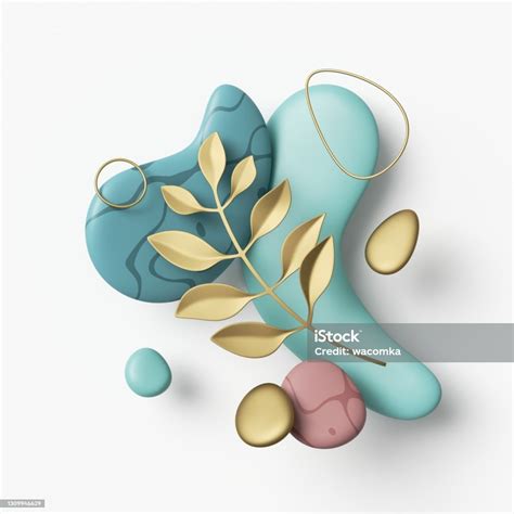 3d 렌더링 황금 잎 금 와이어 링과 흰색 배경에 고립 된 파란색 자갈추상 구성 모양에 대한 스톡 사진 및 기타 이미지 모양 자연 0명 Istock