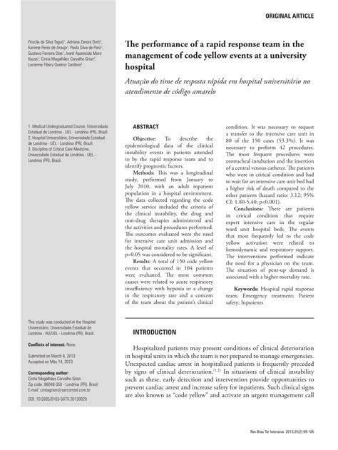 Pdf The Performance Of A Rapid Response Team In The Management Of Code Yellow Events At A