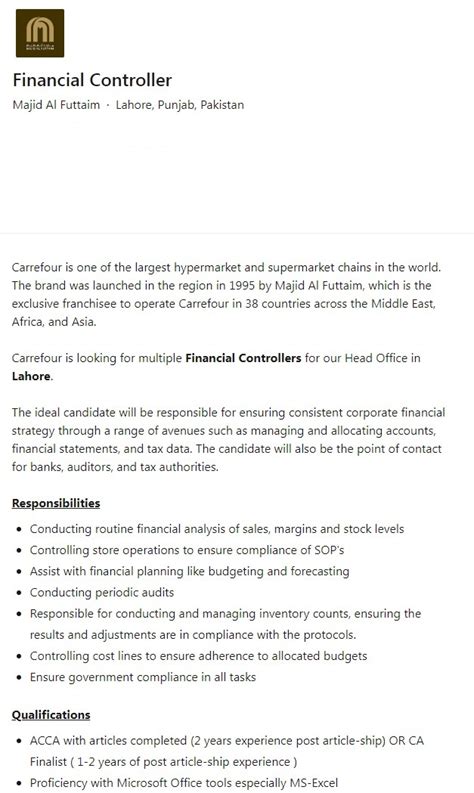 Financial Controller Jobs In Majid Al Futtaim 2025 Job Advertisement Pakistan