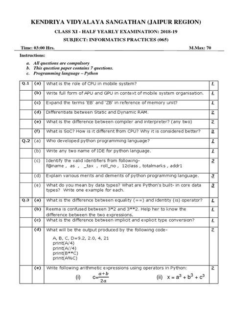 class xi informatics practices half yearly qp jaipur region pdf