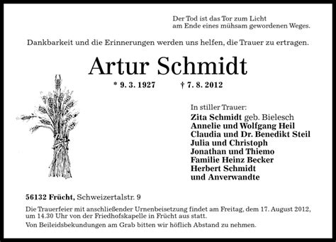 Traueranzeigen Von Artur Schmidt Rz Trauerde