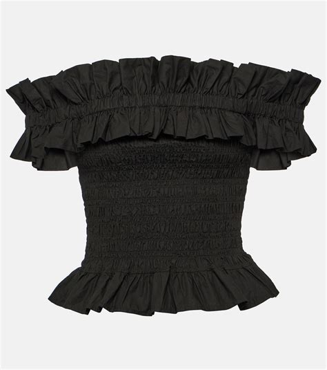 Smocked Off Shoulder Cotton Poplin Top In Black Ganni Mytheresa