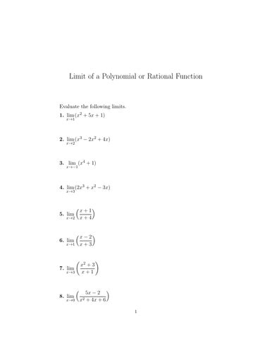 Limit Of A Polynomial Or Rational Function Worksheet With Solutions Teaching Resources